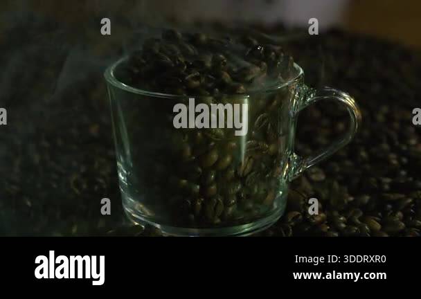 Roasted Coffee Beans With Swirling White Smoke on Black Background Copy ...