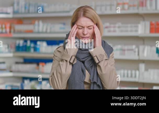 Sick caucasian woman in coat wearing scarf having terrible headache ...