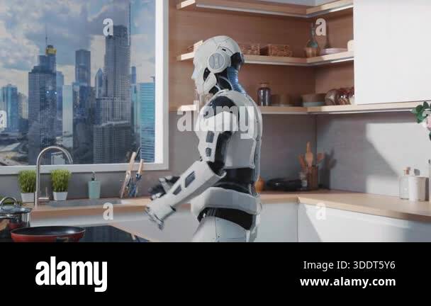 Friendly-looking funny human-like robot dancing in modern kitchen while ...
