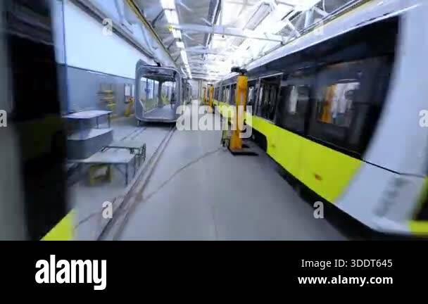 Close up shooting in tram transport factory. Tram inside. Spare parts ...