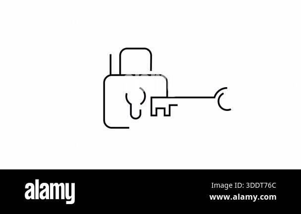 Line art depicts a lock with a key inserted creating a security theme ...