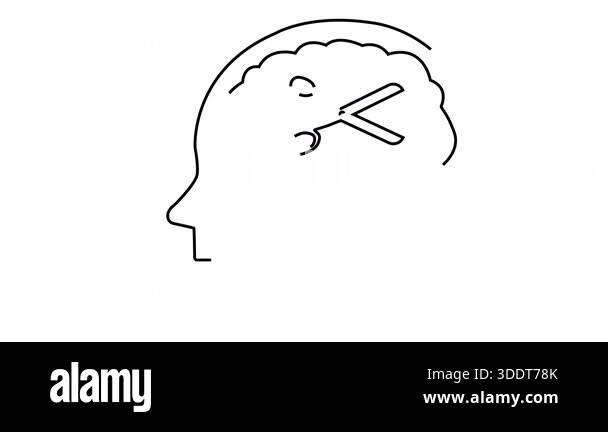 Line art of a human head with a brain containing open scissors Stock ...