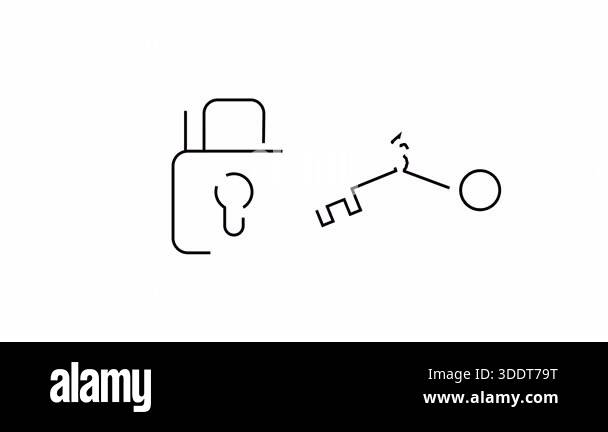 A line drawing of a lock next to a broken key both outlined in black ...