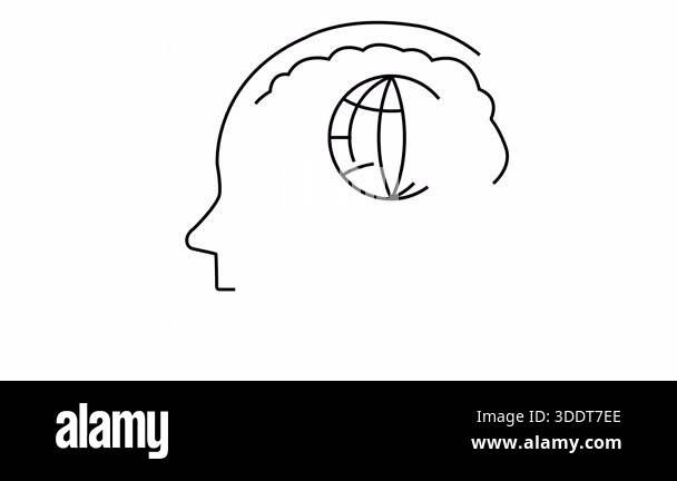 Black outline of a head contains a brain outline with a globe inside it ...