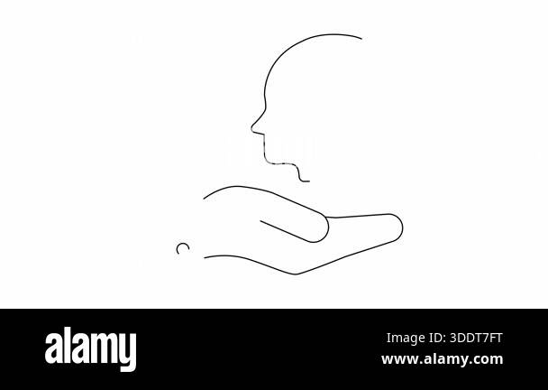 Line drawing of a hand holding a head profile with a brain inside Stock ...