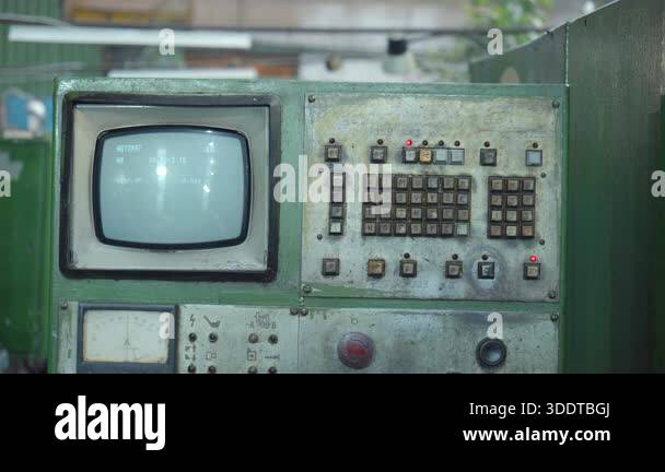 Worn Industrial Monitor And Keypad Display, Green Metal Console With ...