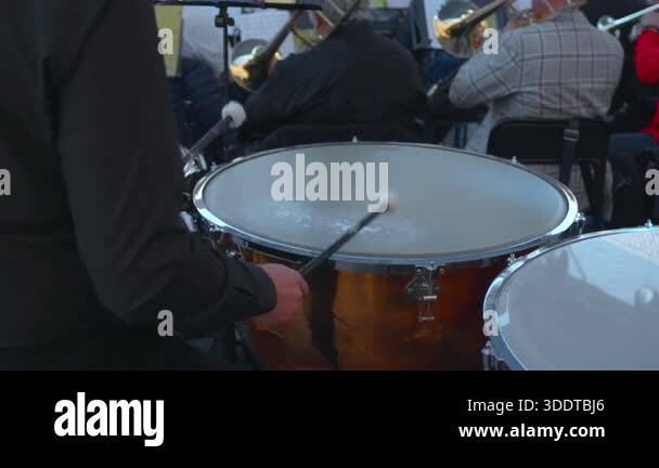 Timpani Drum Closeup With Mallet Player Percussionist Striking Timpani ...