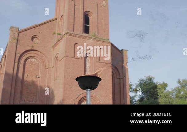 Red Brick Church Facade With Lamp, Wide Angle Street Level View Showing ...
