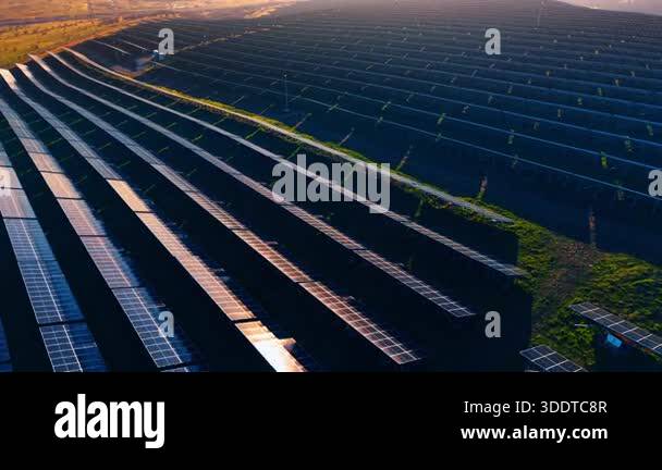 Solar panels turned to the setting sun. Photovoltaic cells cover the ...