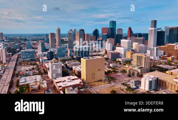 Lively wide-lane highways outline the downtown of Houston, Texas, USA ...