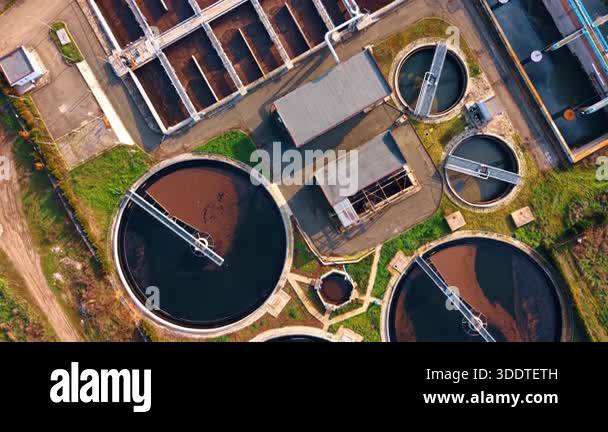 Waste water recycling plant from birds' eye perspective. Sewage being ...
