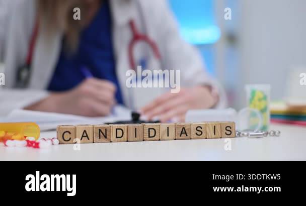 Wooden blocks spell word Candidiasis near drug capsules and sample cup ...