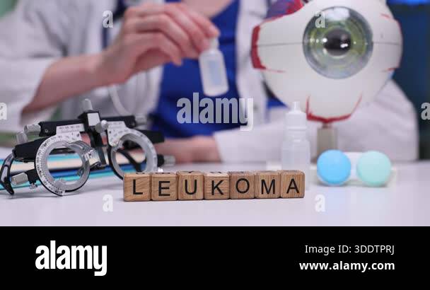 Wooden blocks arranged to form diagnosis name Leukoma lie on table near ...