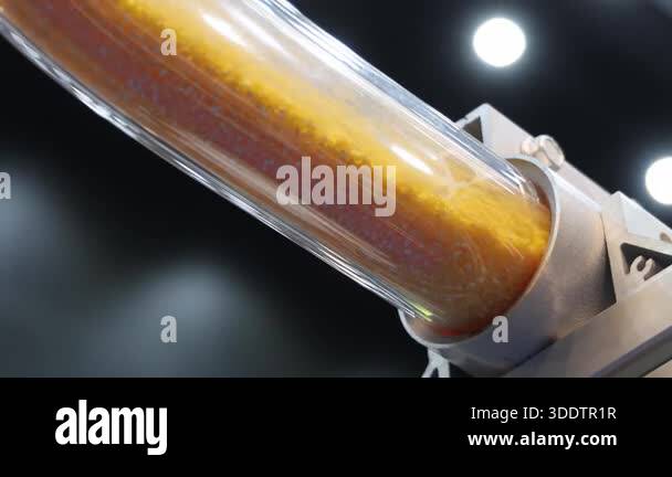 Plastic pellets air tubes. Close up of transparent industrial tube ...