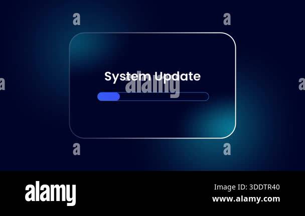 A system update notification with a blue progress bar is displayed inside a sleek glass card on ...