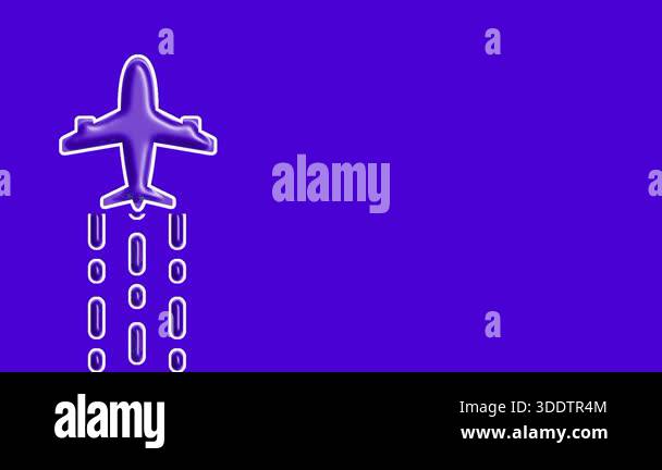 A glowing purple airplane icon ascends vertically above a series of ...