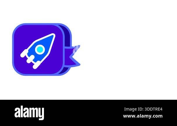 A blue square icon features a white rocket ship taking off with a small ...