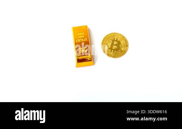 Gold bars and Bitcoin (BTC) on an isolated white background. The ...