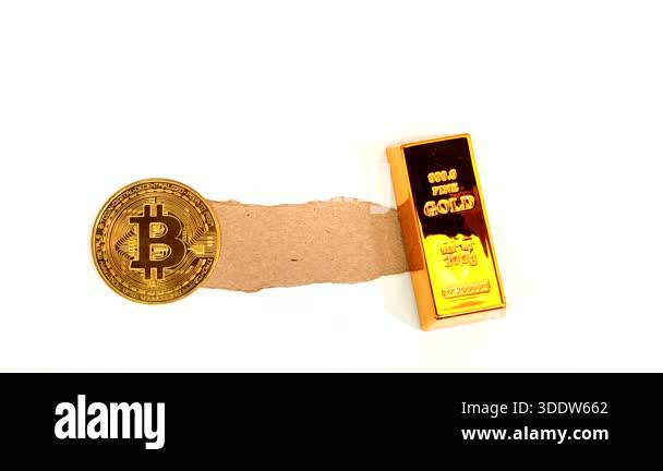 Physical Bitcoin coin and gold bar on white background with torn paper ...