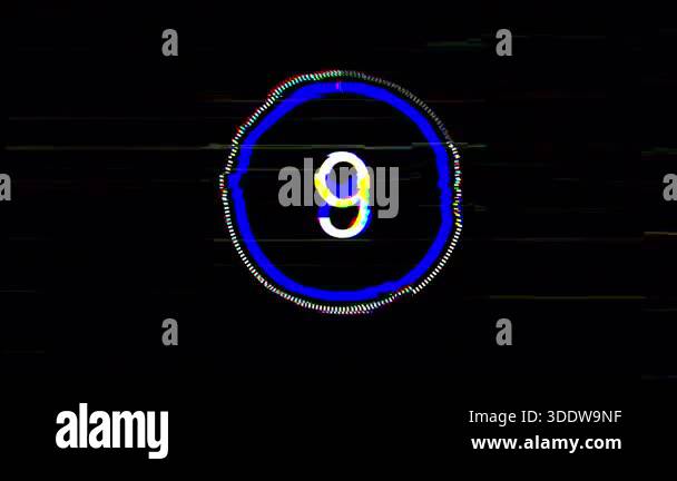 Animated circular 10 second countdown with glitch distortion, RGB noise ...