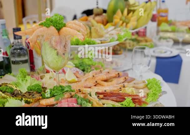Seafood Platter On Banquet Table Showcasing Shrimp, Prawns, Sliced ...