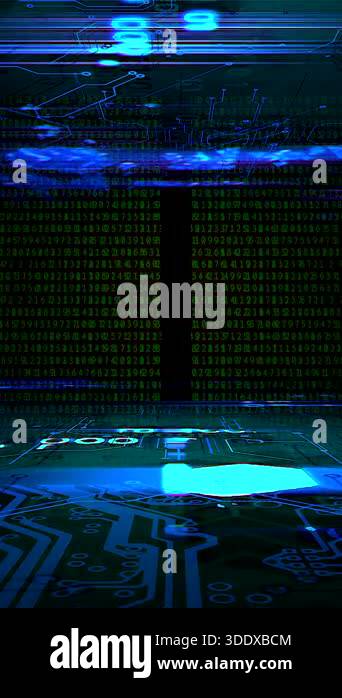 Neon Motherboard Core With Binary, Blue Glow, Scrolling Code, Glowing ...