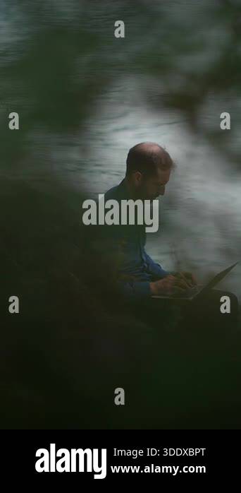 A serene figure is sitting quietly by a reflective water surface ...