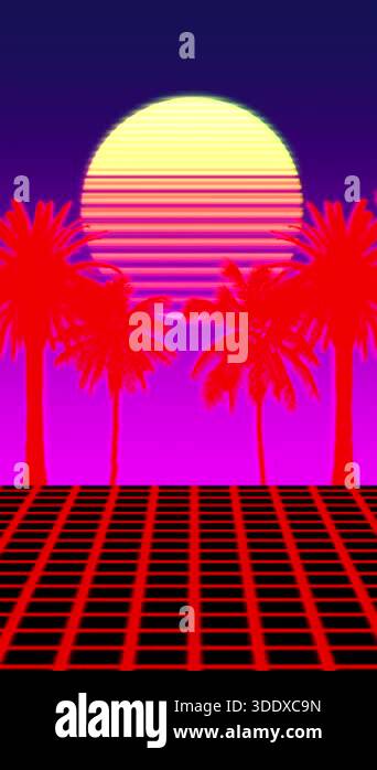 Pink Purple Sun With Palm Silhouettes Above Red Checker Grid And ...