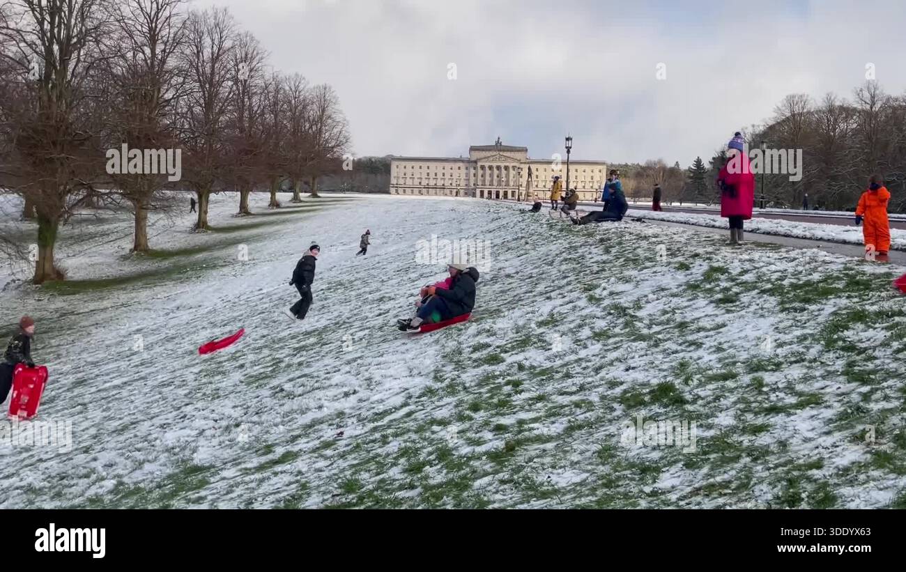 Children enjoy sledging on the snowy Stormont estate in east Belfast ...