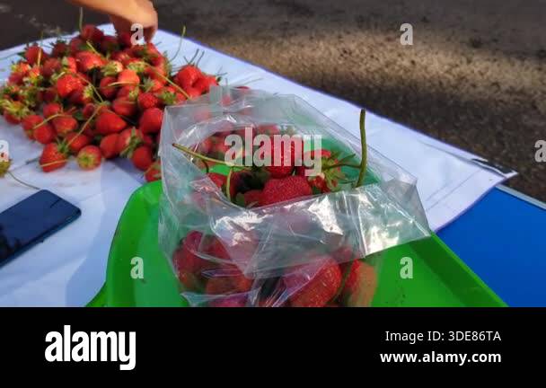 Fresh strawberries fruit for sale at local market in summer. Healthy ...