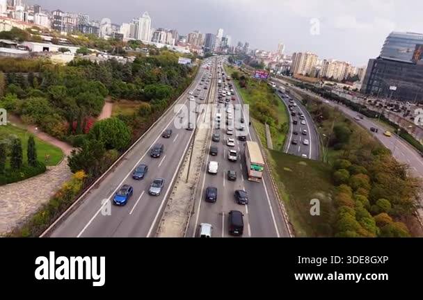 Aerial drone view of Istanbul road infrastructure. Multi-level highways ...
