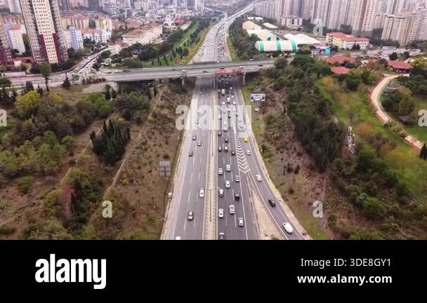 Aerial drone view of Istanbul road infrastructure. Multi-level highways ...