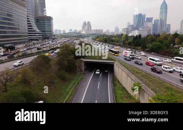 Aerial drone view of Istanbul road infrastructure. Multi-level highways ...