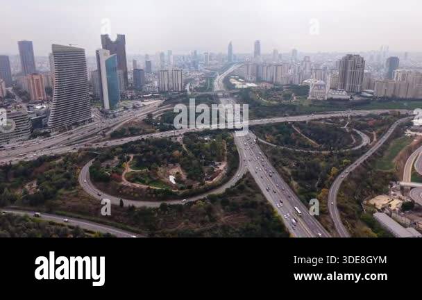 Aerial drone view of Istanbul road infrastructure. Multi-level highways ...