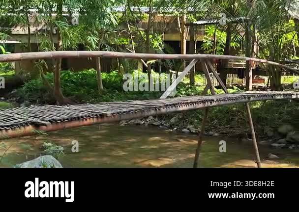 A bamboo bridge crossing a stream Stock Video Footage - Alamy