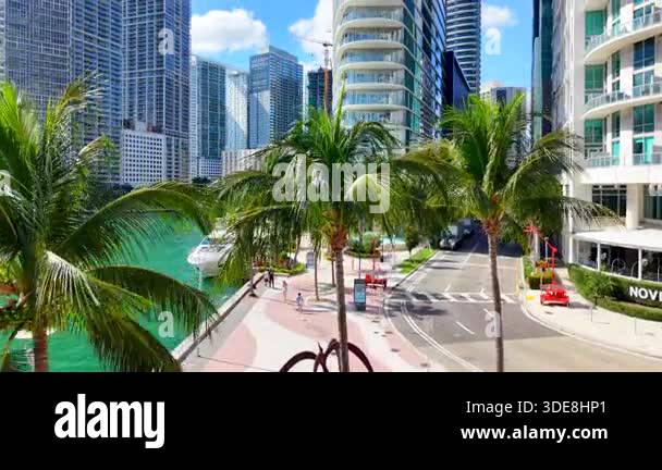 Miami, FL, USA - December 8, 2025: Aerial rising reveal Miami River ...