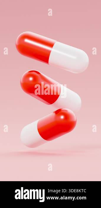 Animation of red white medicine capsules rotating against pink backdrop ...