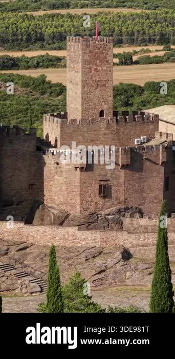 Stone towers and battlements of the medieval javier castle in navarre ...