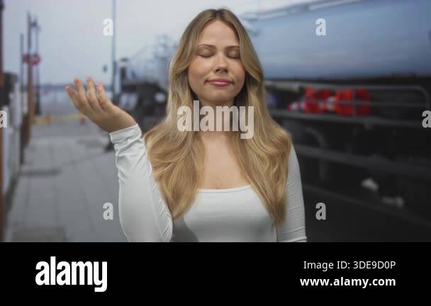 Woman with blonde hair hand covering forehead on urban sidewalk next to ...