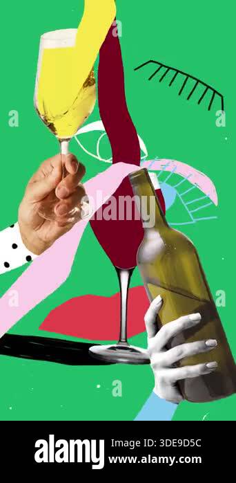 Ad template. Vibrant collage composition with wine bottle glass and ...