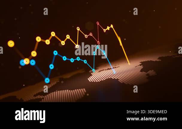 Seamless loop 3D animation of orange and blue line charts with glowing ...