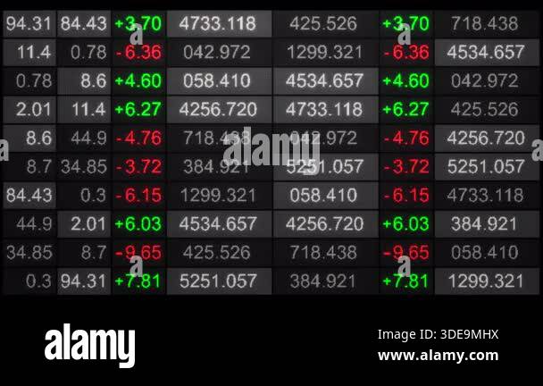 Seamless loop 3D animation of a stock market quotes table with red and ...