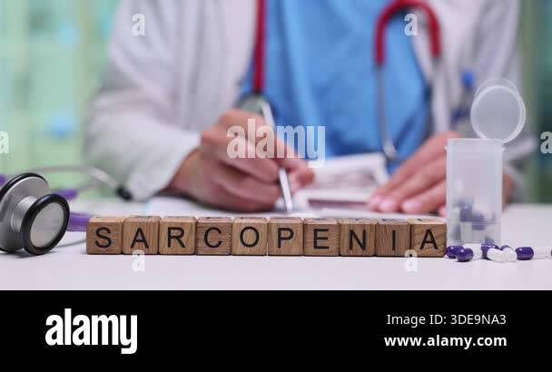 Wooden blocks on medical desk spell word Sarcopenia near medicine ...