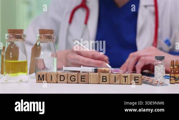 Wooden blocks on desk spell words Midge Bite near medicine vials. Woman ...