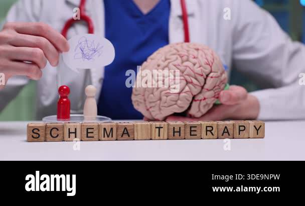 Physician holds anatomical model of human brain in hand sitting at ...