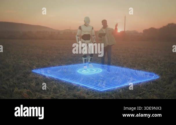 black man and robot using hologram on grassy sunset field, engineer ...
