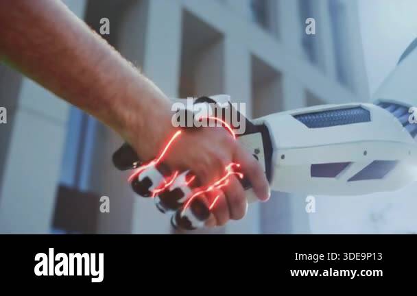 caucasian security officer grips robot hand with red glowing outline ...