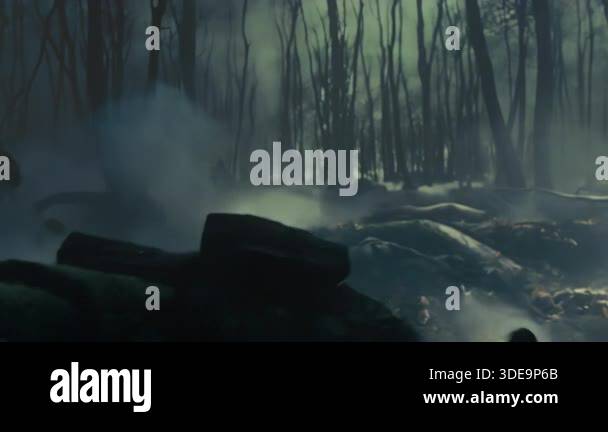 Foggy forest sniper aiming rifle, lone soldier crouches amid mist and ...