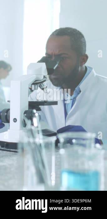 Black man scientist at microscope analyzing sample with intense focus ...