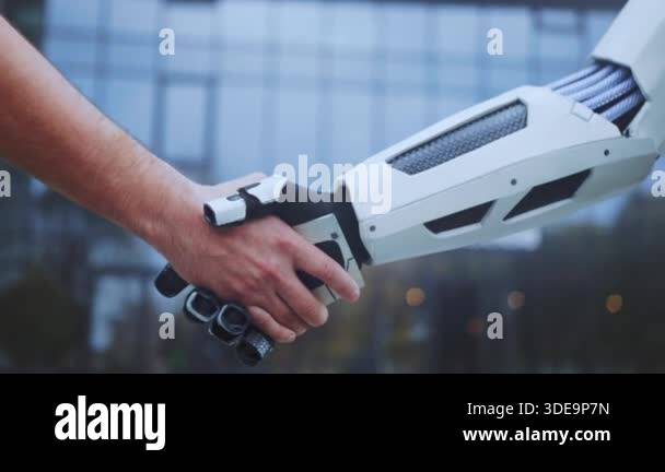 white hand grips robot hand outside glass facade, decisive business ...